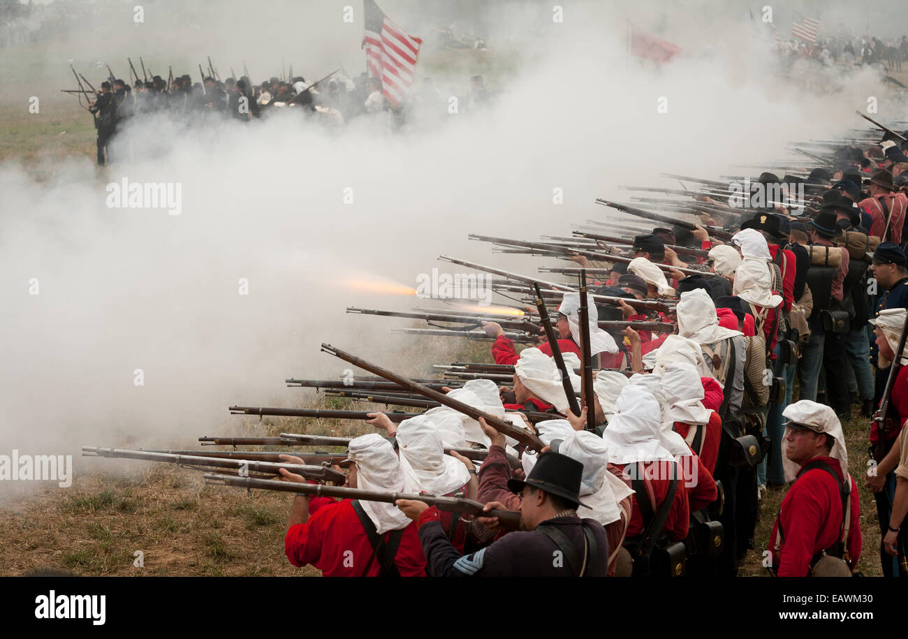 Soldiers fire during a First Battle of Manassas Civil War reenactment ...