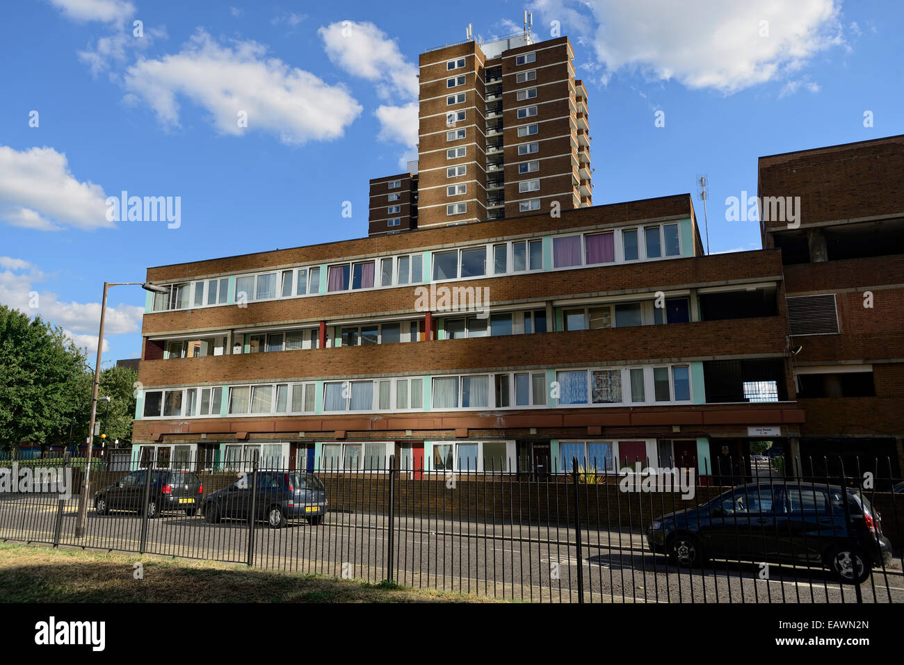 London street on a summer day, with social housing buildings made of ...