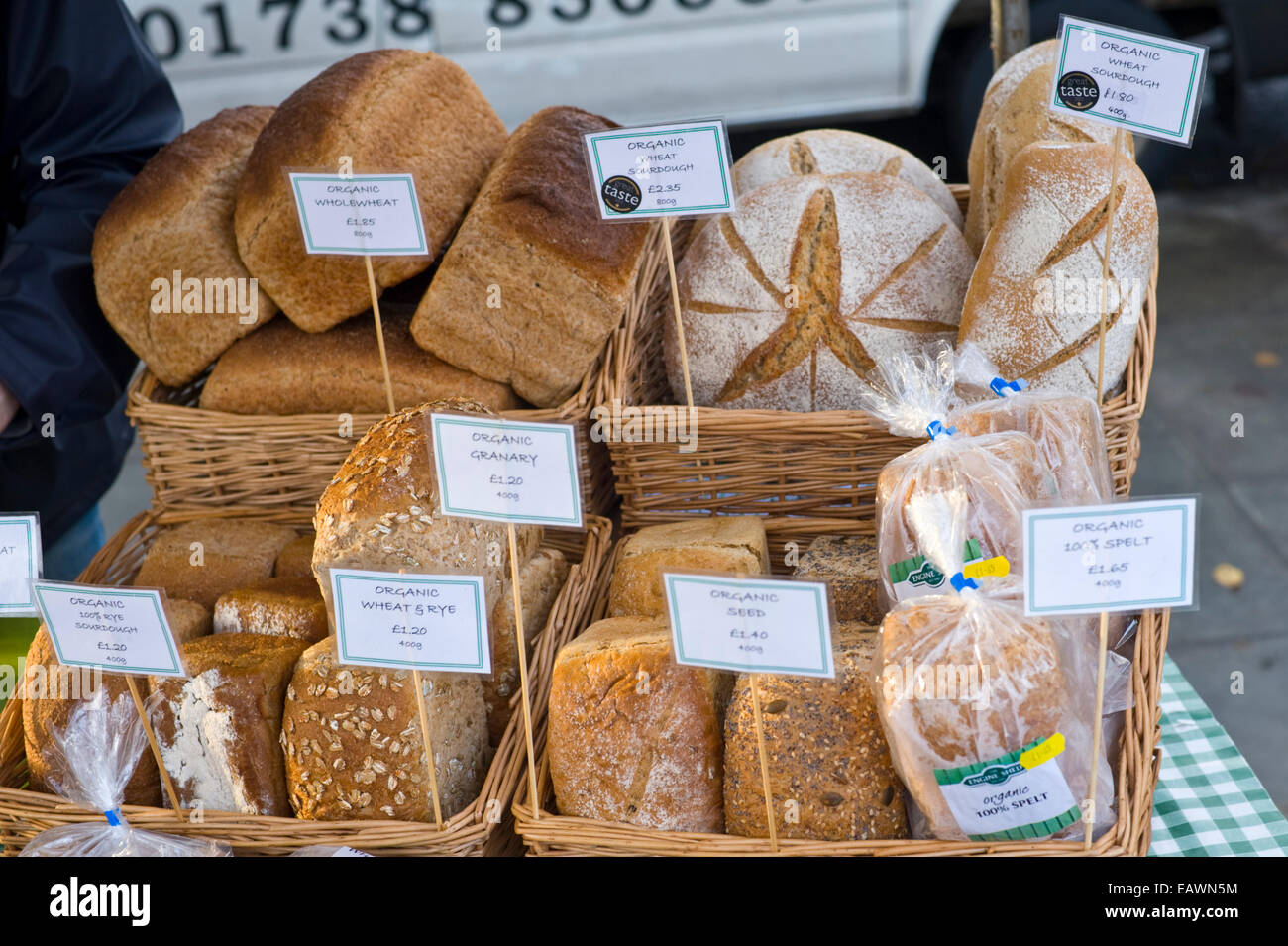 Organic locally baked bread for sale on stall at Edinburgh Farmers ...