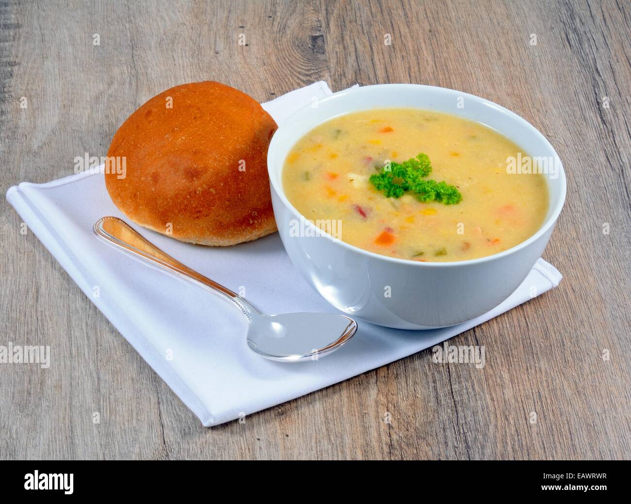 Fish chowder soup including smoked haddock, cod, salmon and vegetables ...