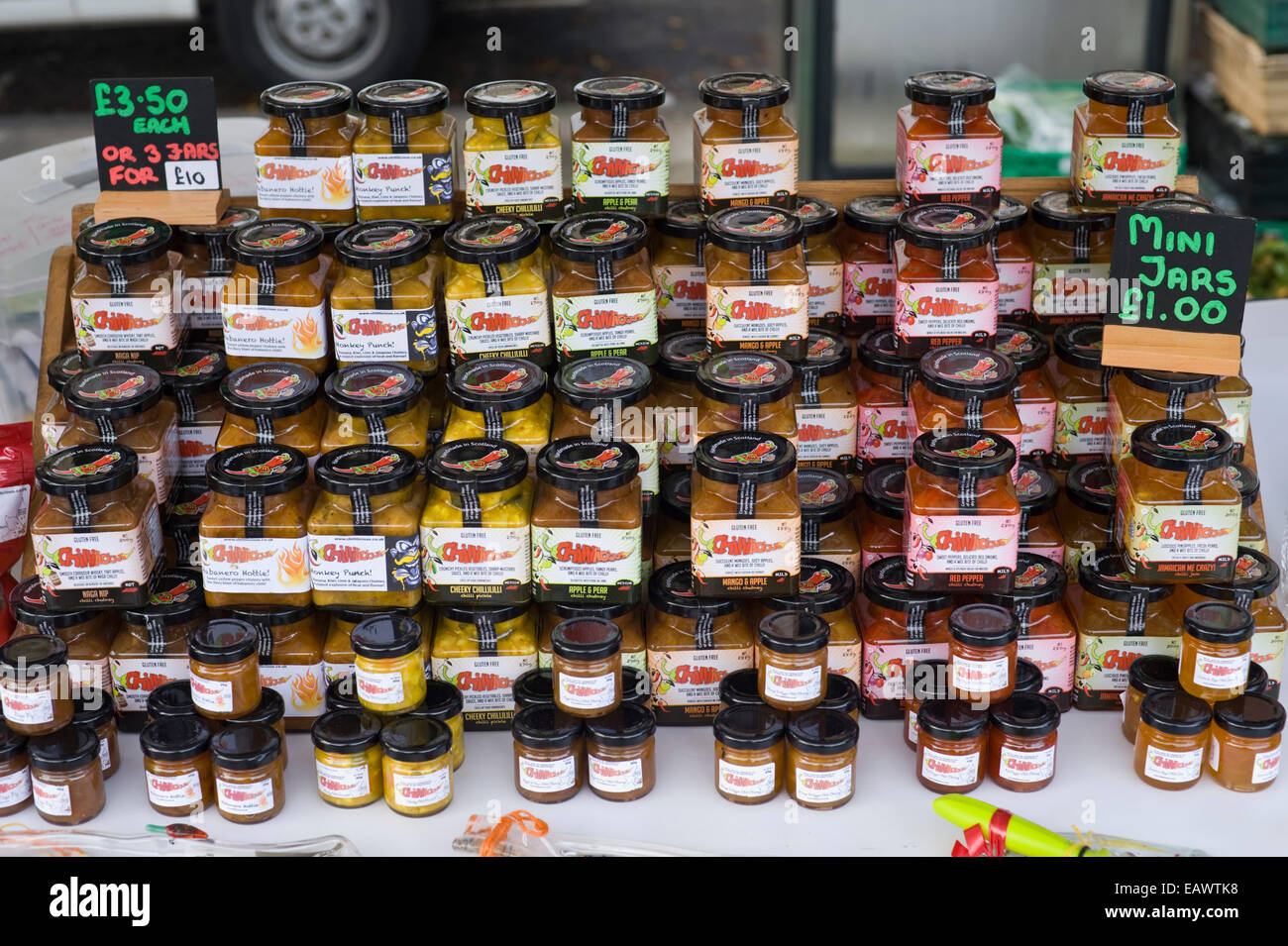 Locally made chilli chutney for sale on stall at Edinburgh Farmers ...