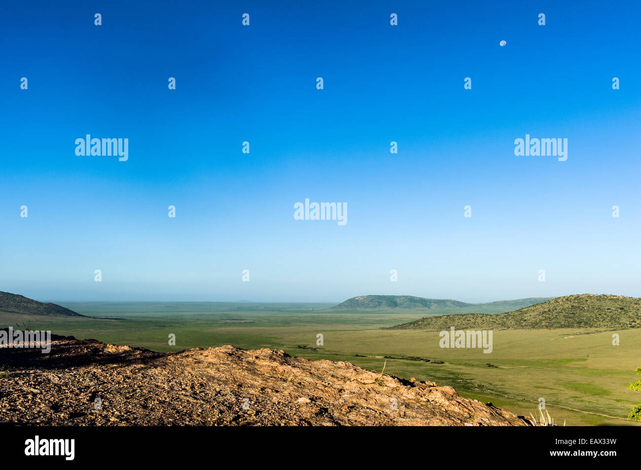 The stoney summit of a rocky outcrop overlooking the savannah plain at ...