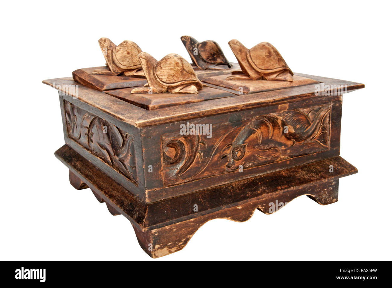 vintage wooden box with carved turtles as handles on lids Stock Photo ...