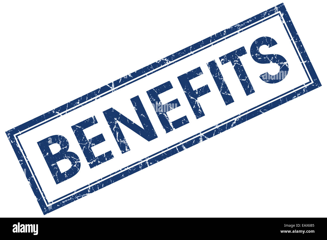 Benefits blue square grungy stamp isolated on white background Stock ...