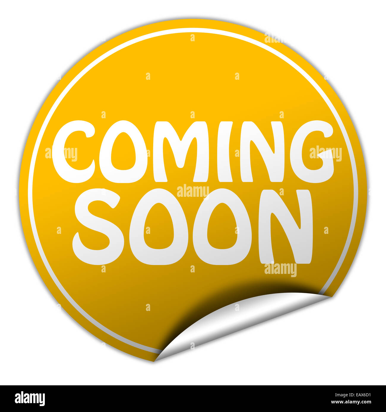 coming soon round yellow sticker on white background Stock Photo - Alamy
