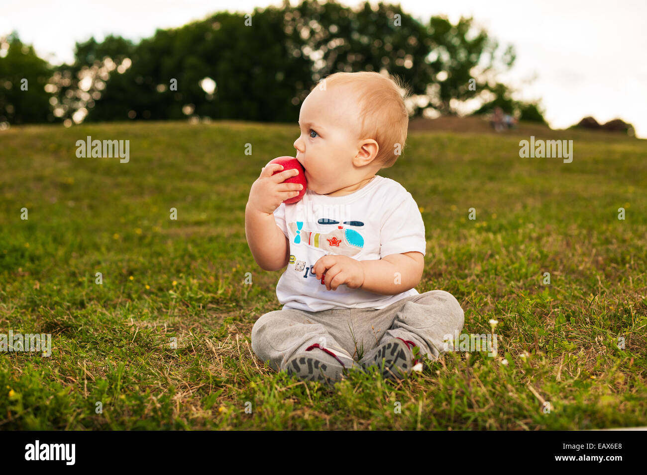 Smiling beautiful baby looking at camera and eating apple outdoors in ...