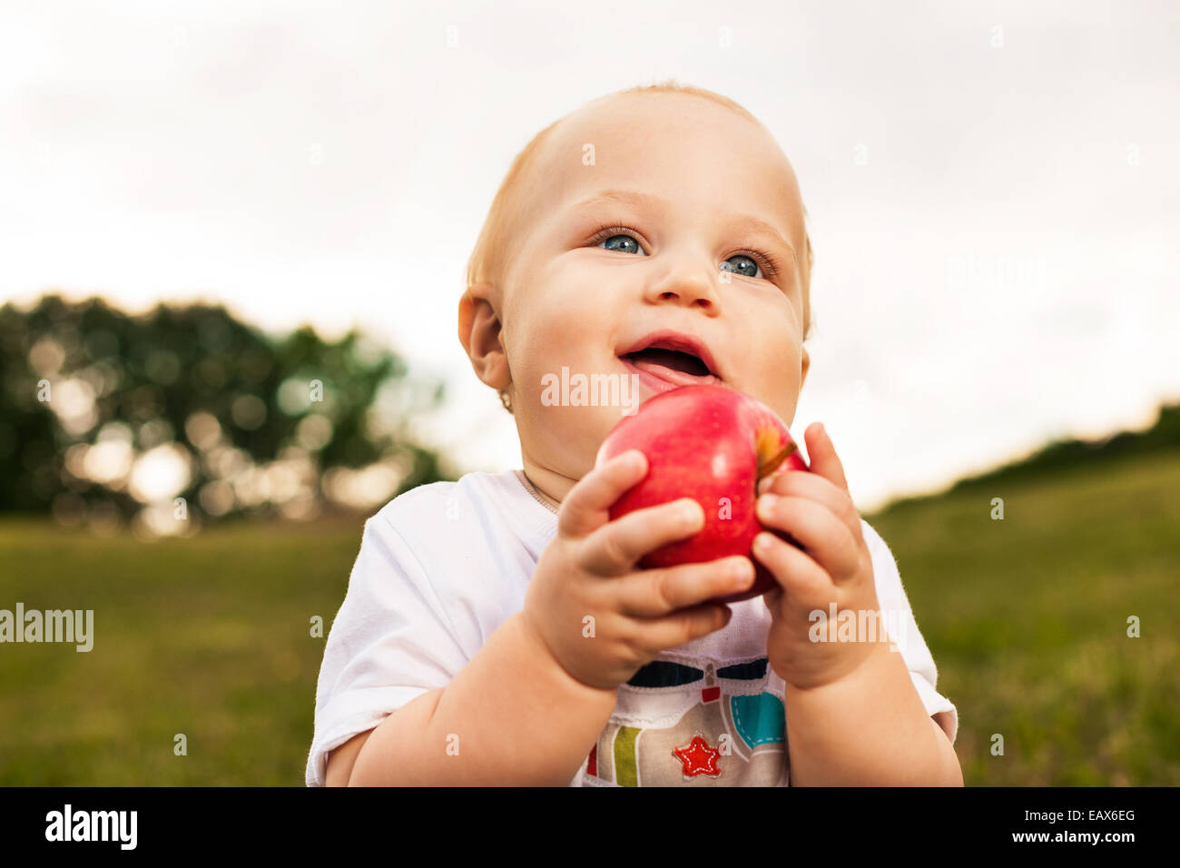 Smiling beautiful baby looking at camera and eating apple outdoors in ...