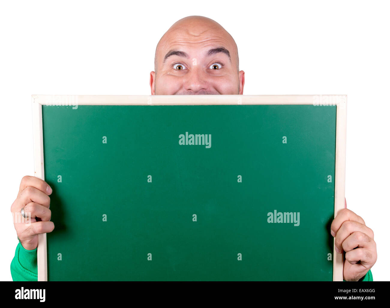 Positive bald man holding blank chal board,isolated on white background ...