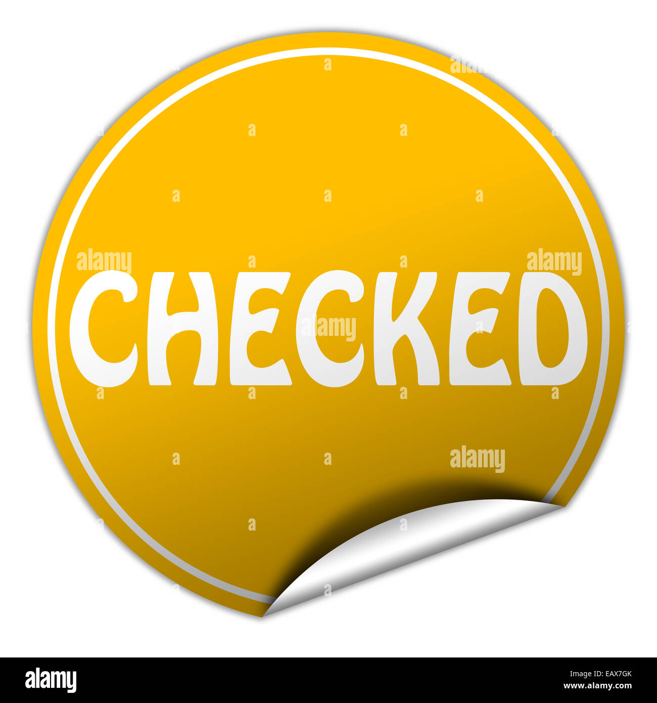 checked round yellow sticker on white background Stock Photo - Alamy