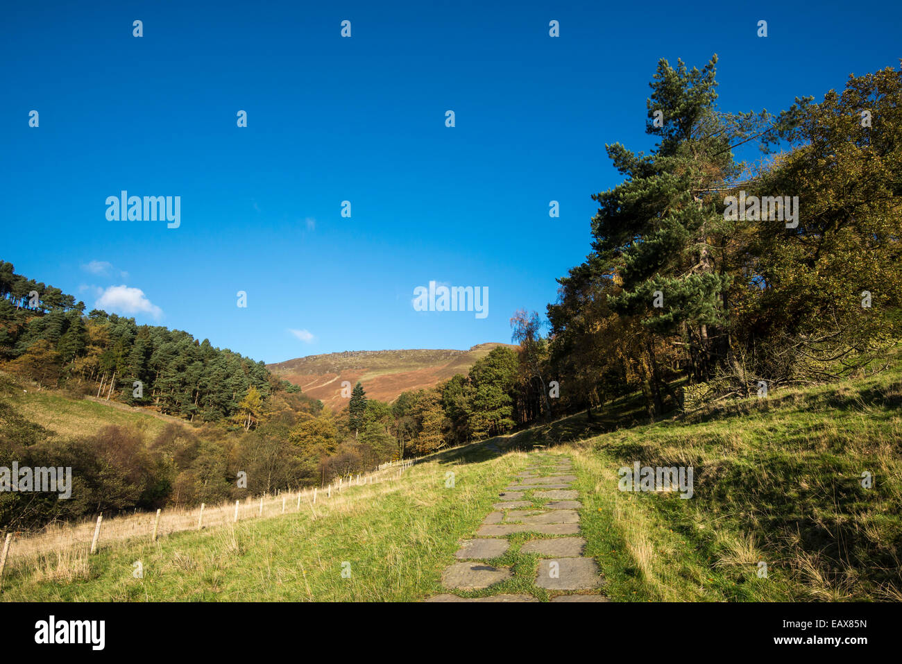 Footpath to Grindsbrook clough in the Peak District. A rich blue sky ...