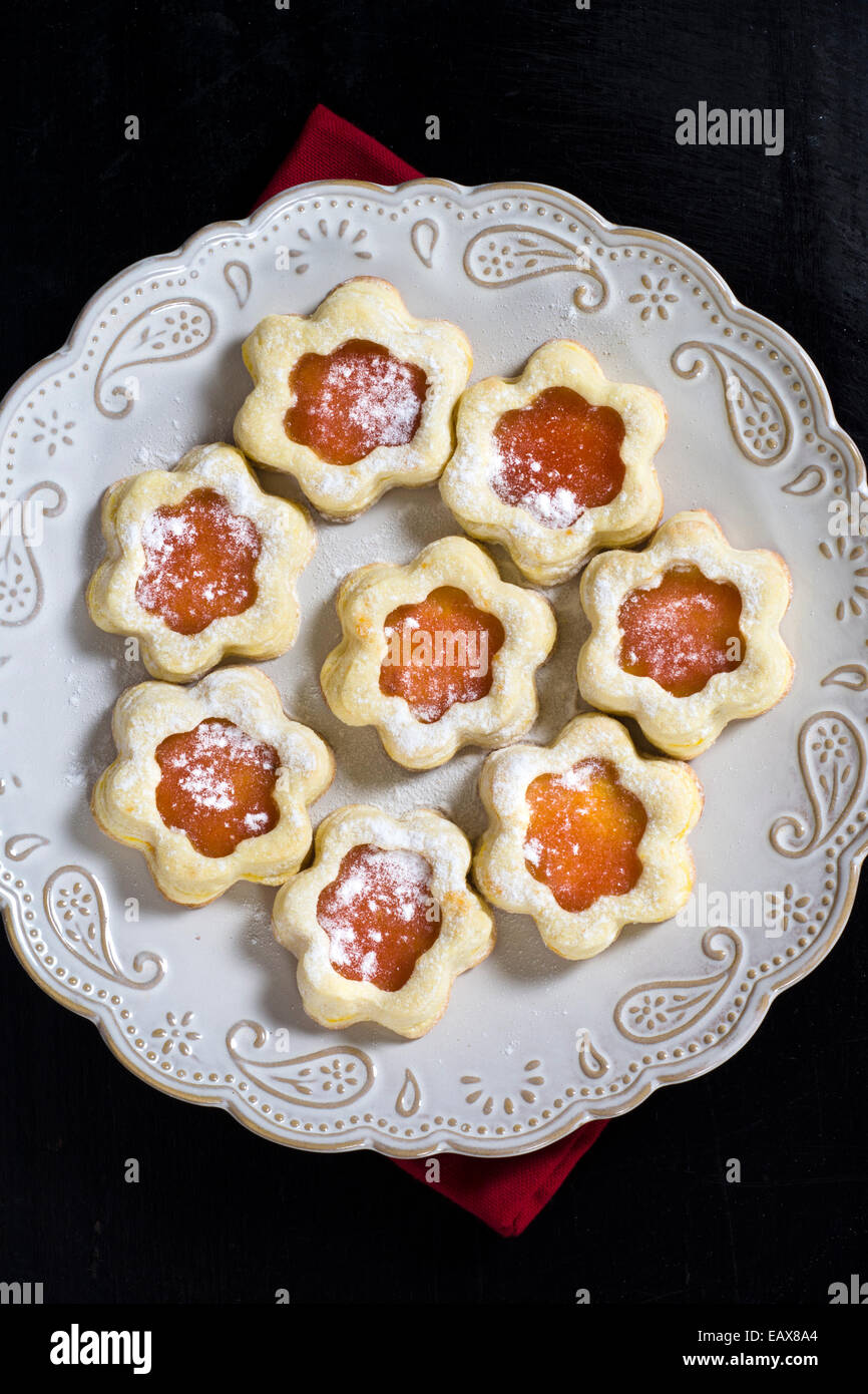 Jelly cookies flower with red jam homemade from above,selective focus ...