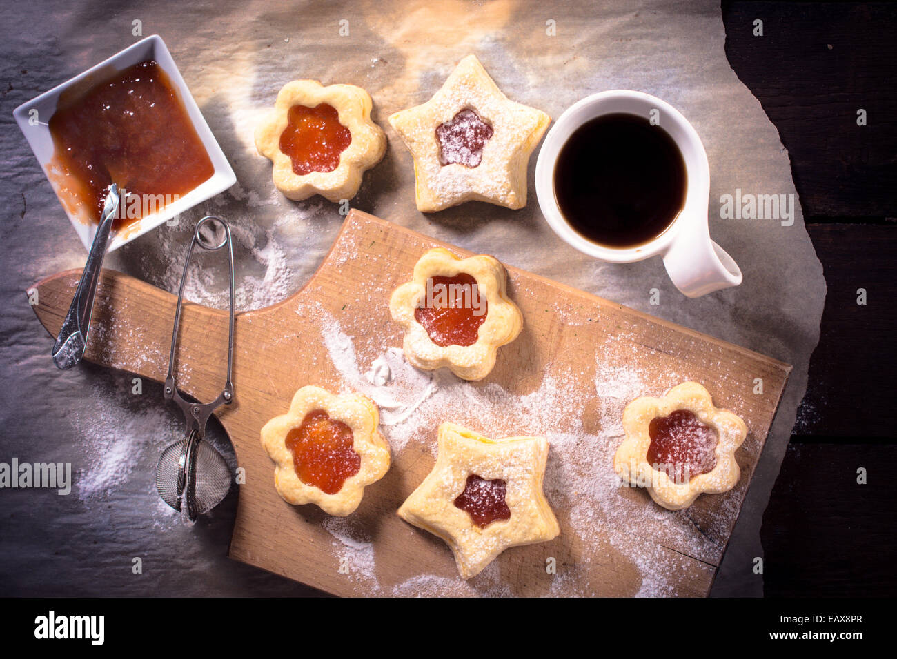 Sweet homemade jelly cookies and coffee from above,selective focus ...