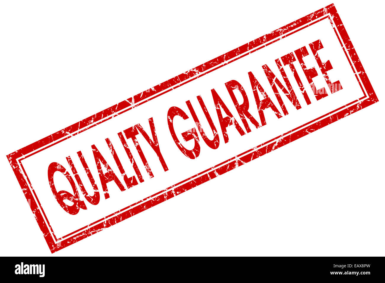 Quality guarantee red square grungy stamp isolated on white background ...