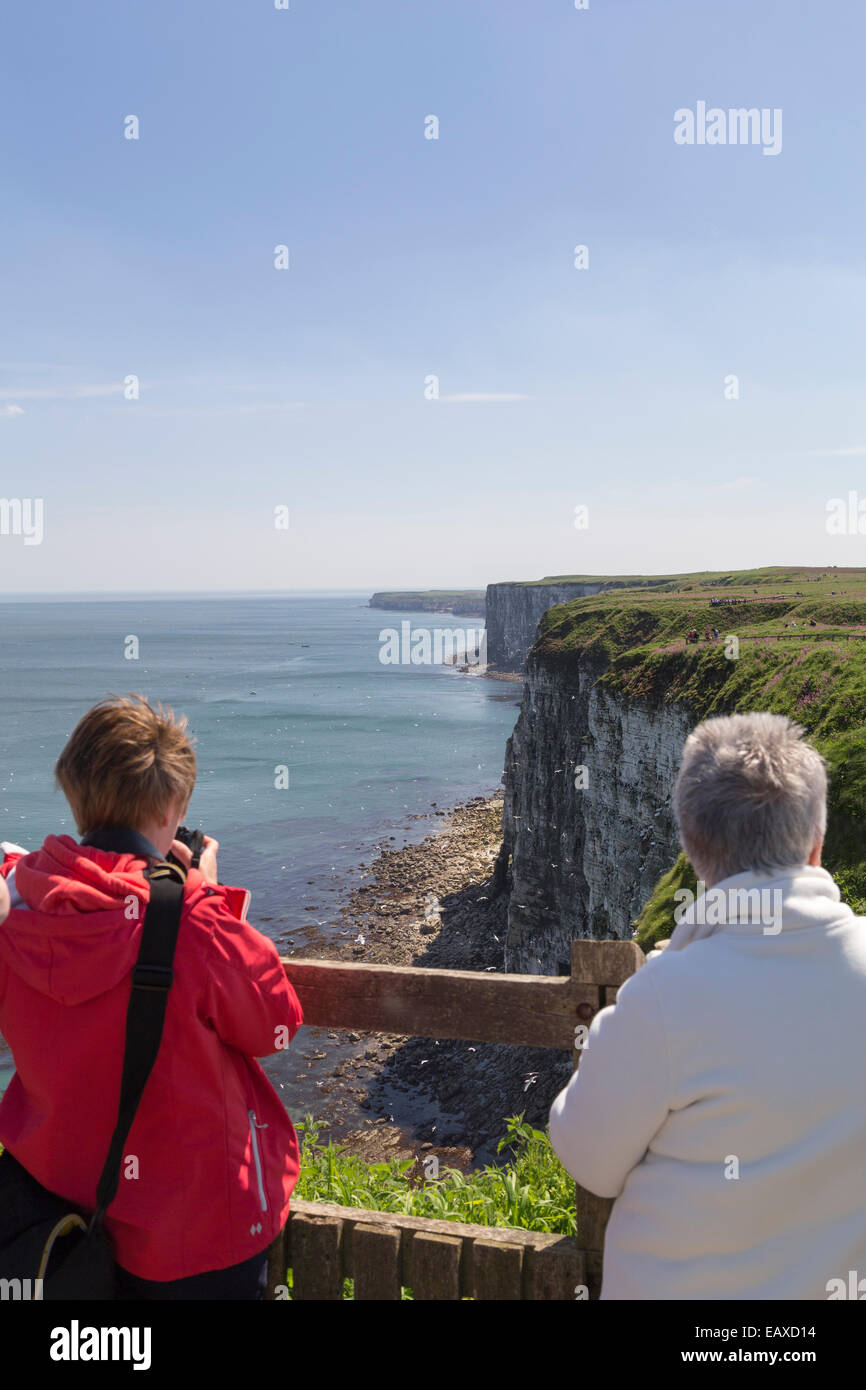 UK, Yorkshire, Bempton Cliffs, two people bird watching and ...