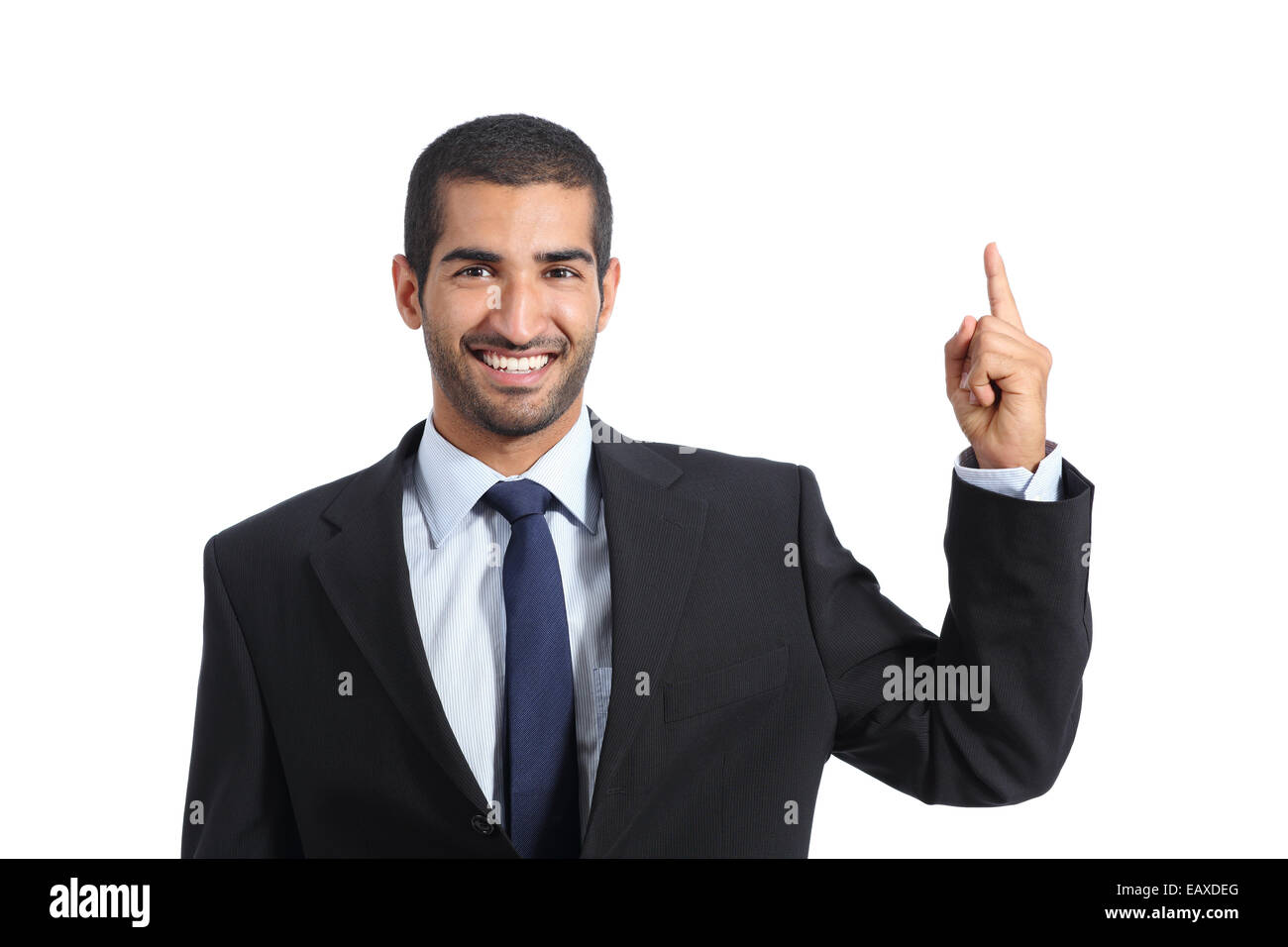 Arab business man promoter introducing and pointing a blank product ...