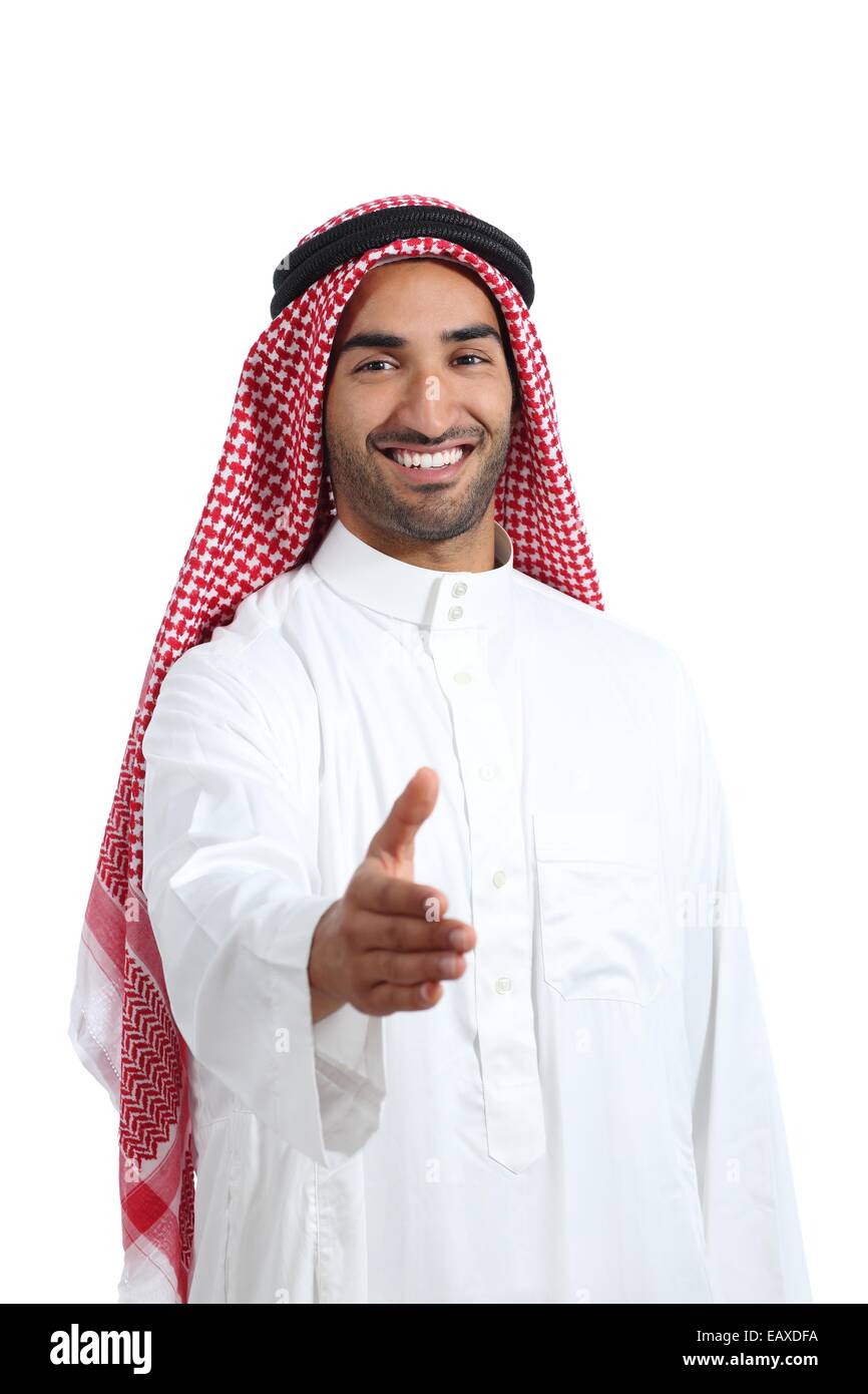 Arab saudi emirates man ready to handshake isolated on a white ...