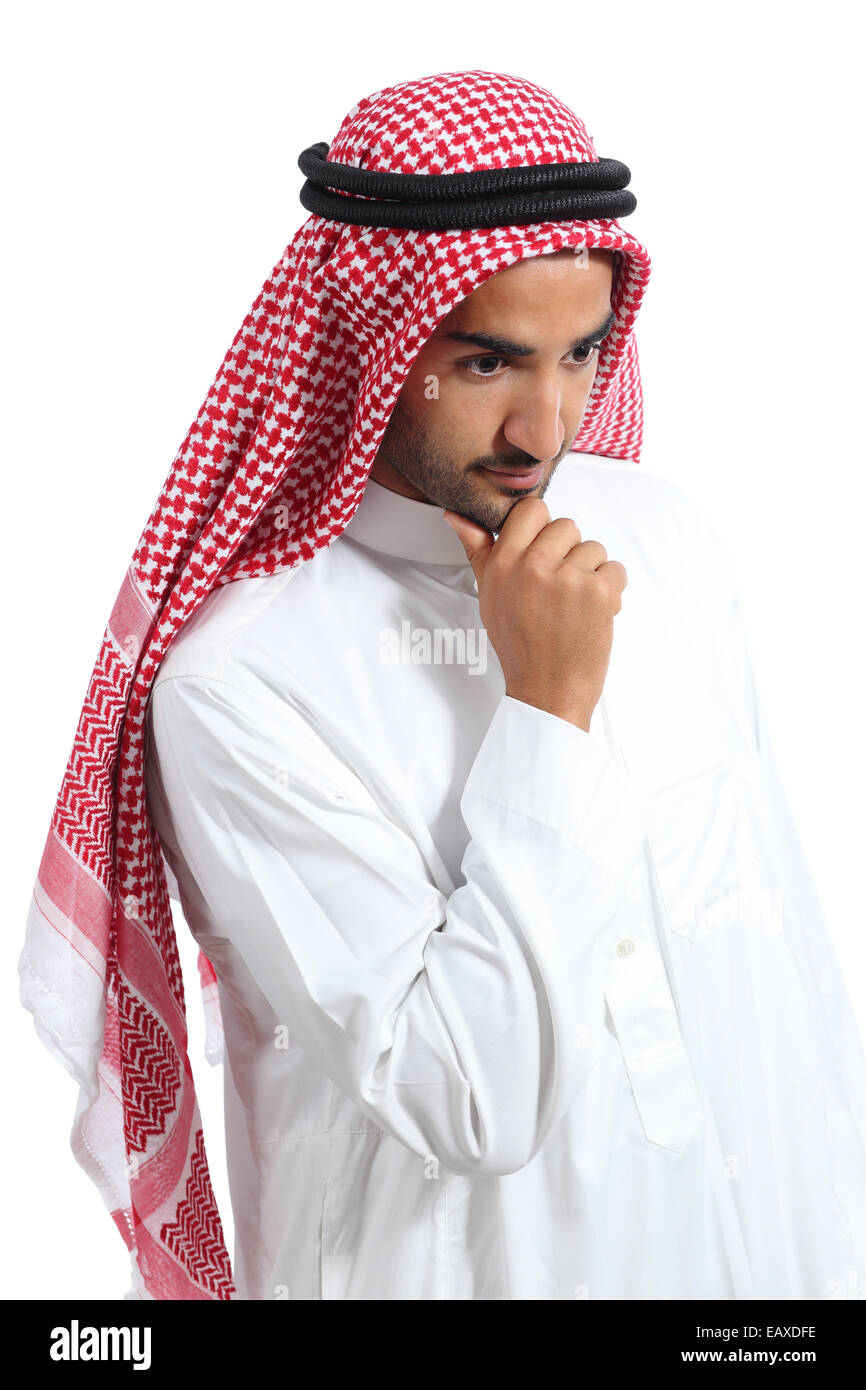 Arab saudi emirates man thinking and looking down isolated on a white ...