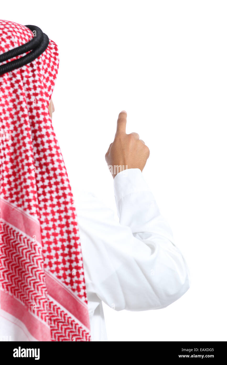 Back view of an arab saudi emirates man selecting in the air isolated ...