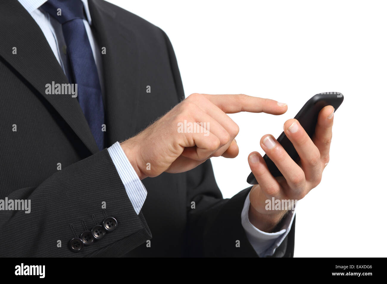 Business man hands touching a smart phone screen isolated on a white ...