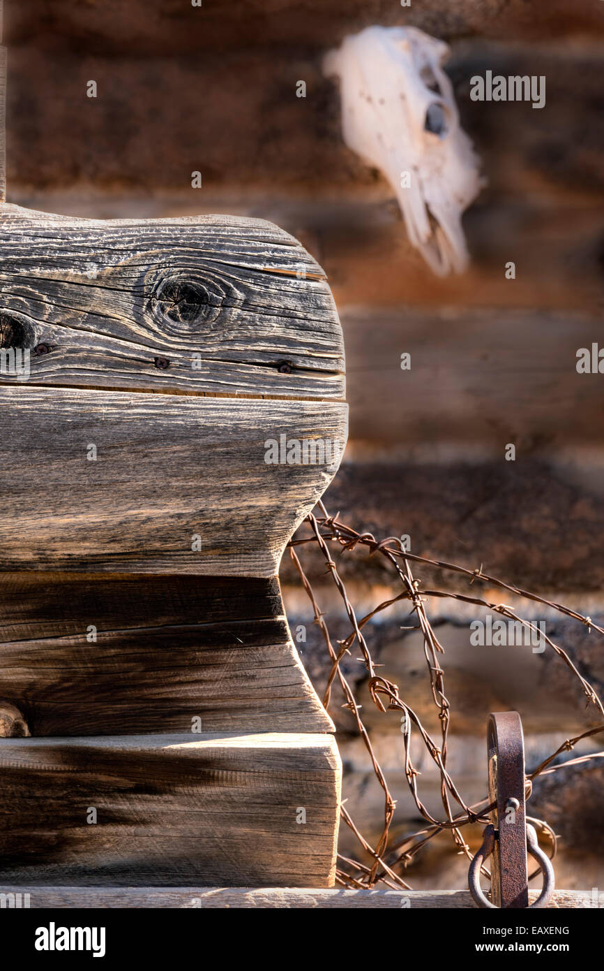 A vertical Old West editorial style image of a buck board , barbed wire ...