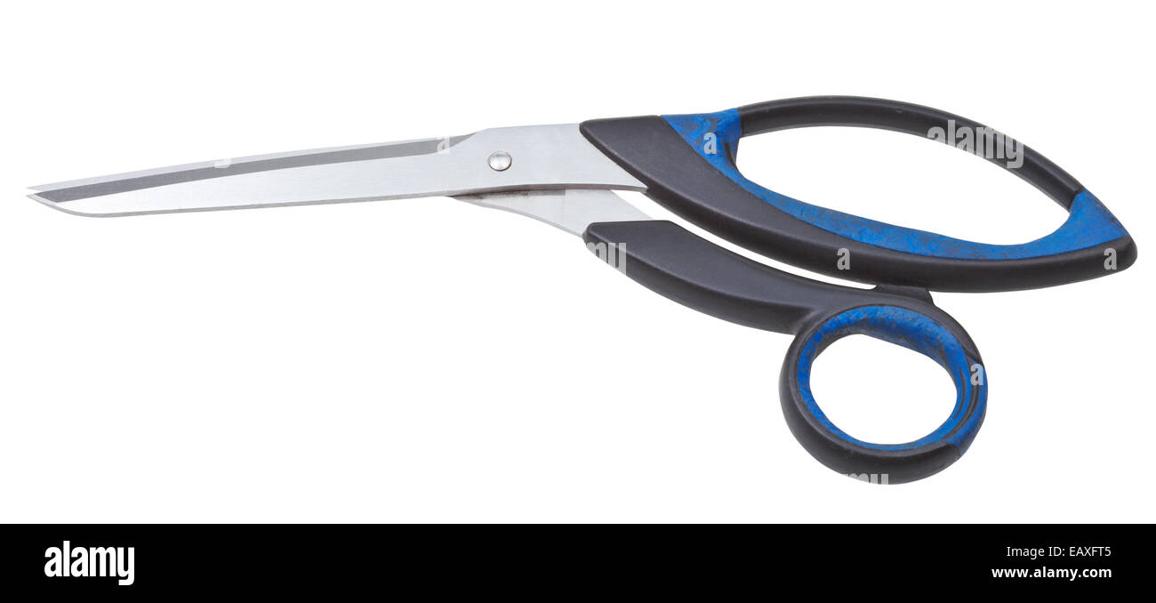 closed modern sewing scissors with black and blue handles isolated on ...