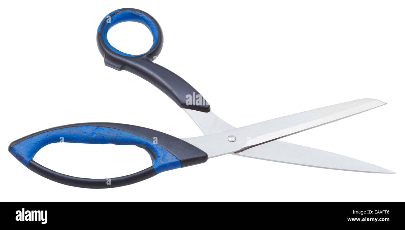 open modern sewing shears with black and blue handles isolated on white ...
