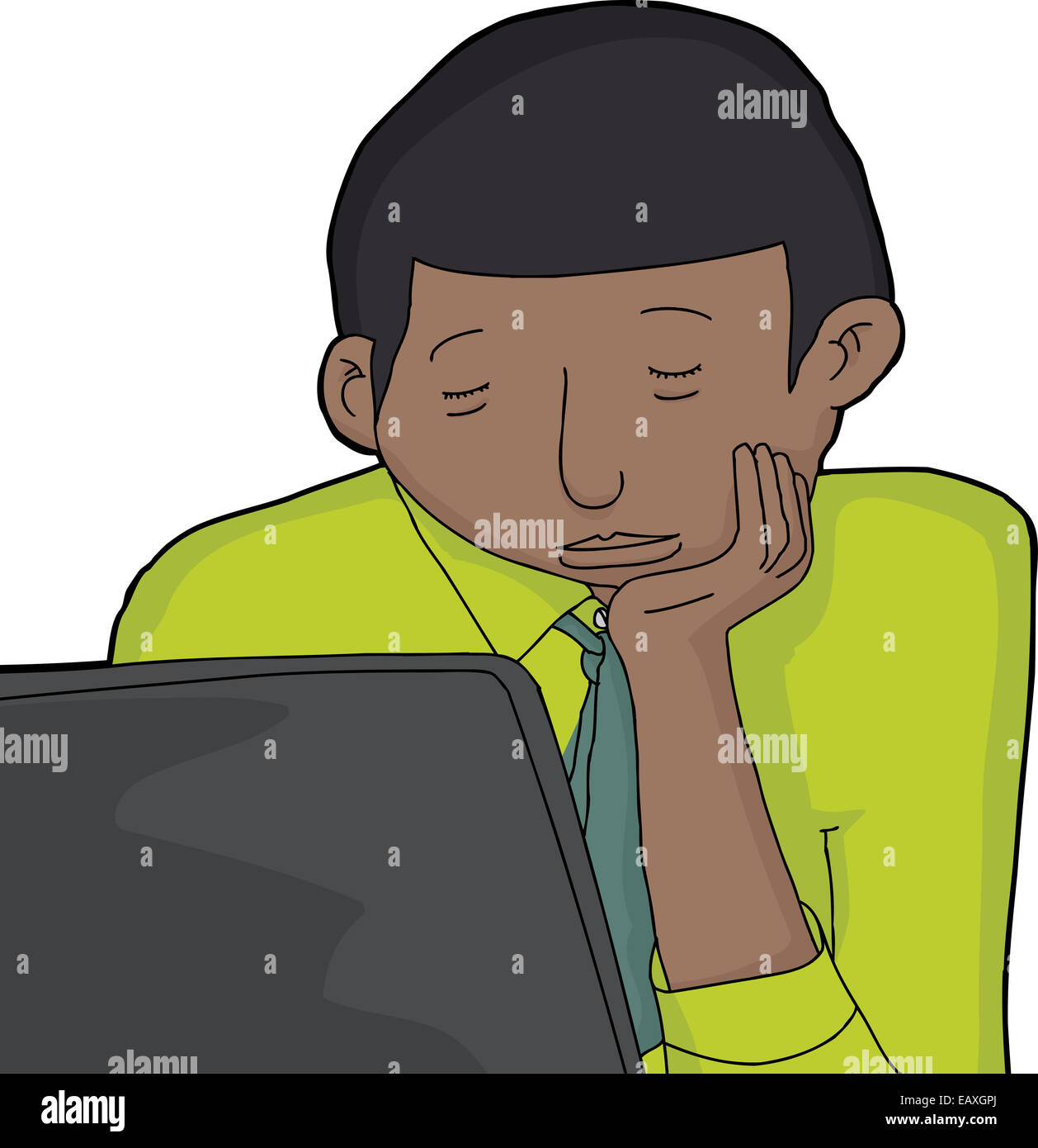 Isolated cartoon of single young man asleep in front of computer Stock ...