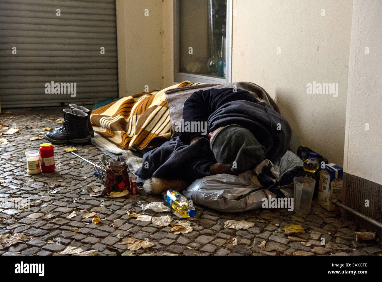 Berlin, Germany. 20th Nov, 2014. A homeless person lies in a house ...