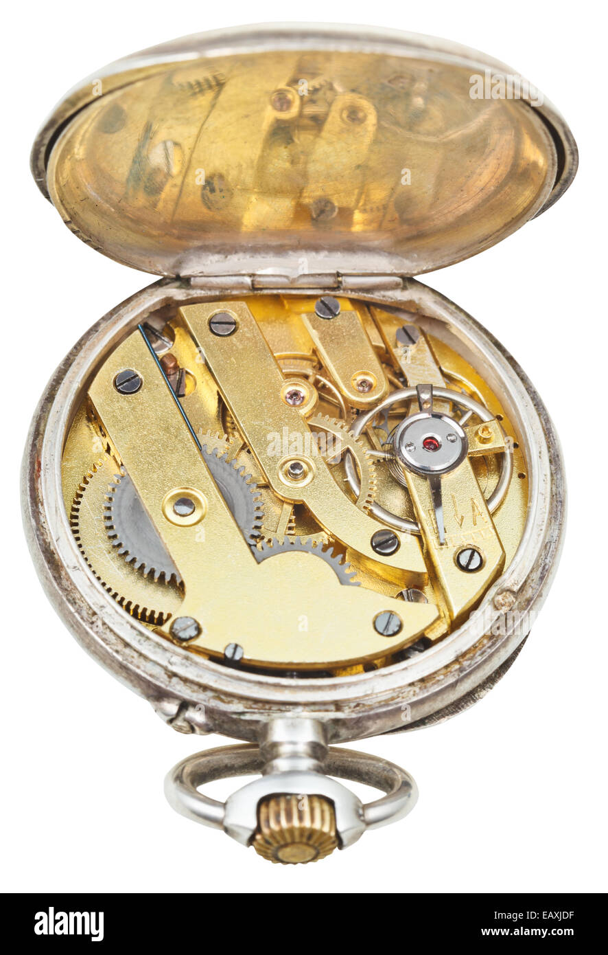 brass clockwork of vintage silver pocket watch isolated on white ...