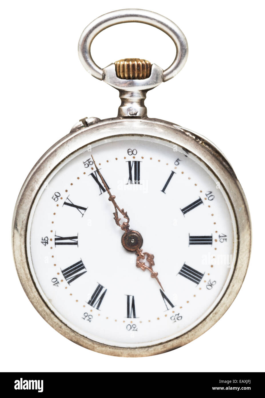 five minutes to five o'clock on the dial of retro pocket watch isolated ...