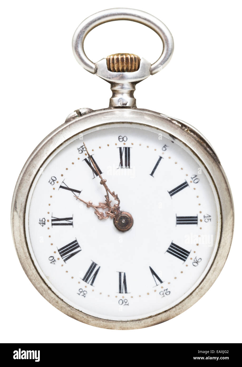 five minutes to ten o'clock on the dial of retro pocket watch isolated ...