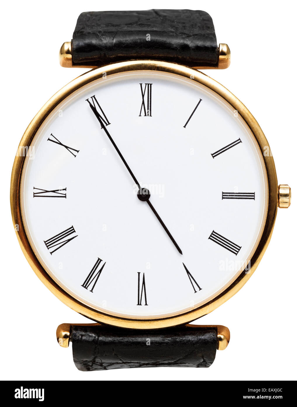 five minutes to five o'clock on dial of wristwatch isolated on white ...