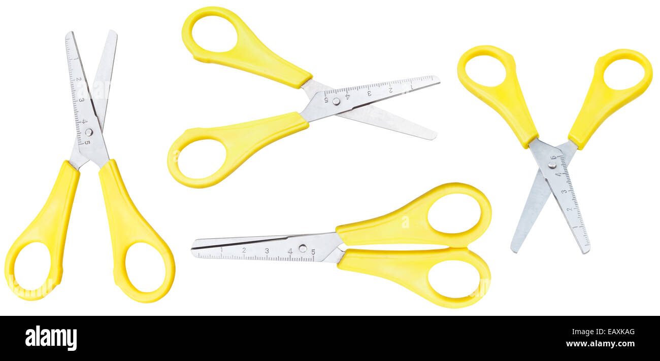 set of open school scissors with yellow handles isolated on white ...