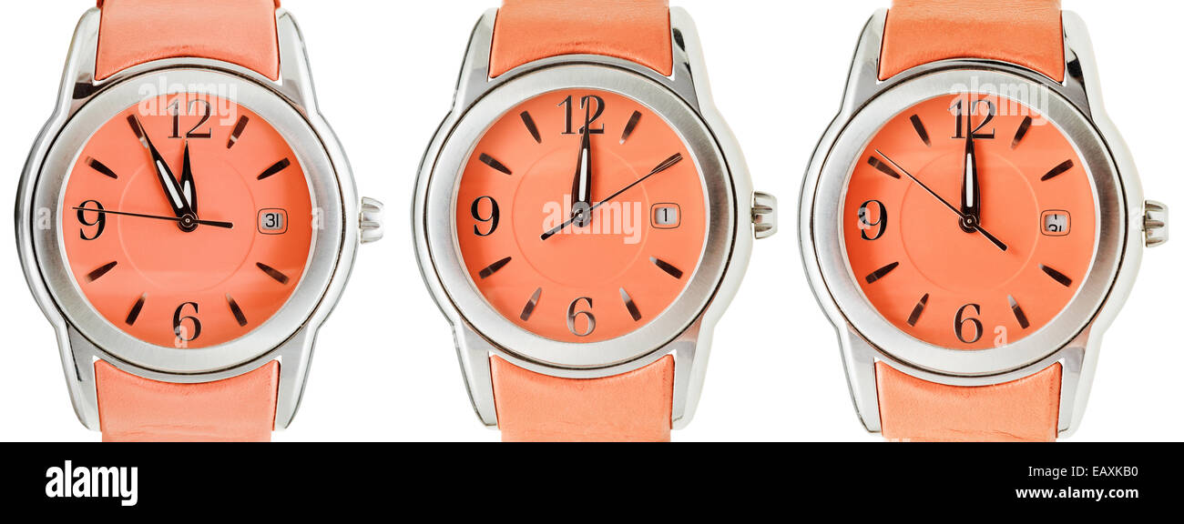 set of orange wristwatches with midnight time isolated on white ...