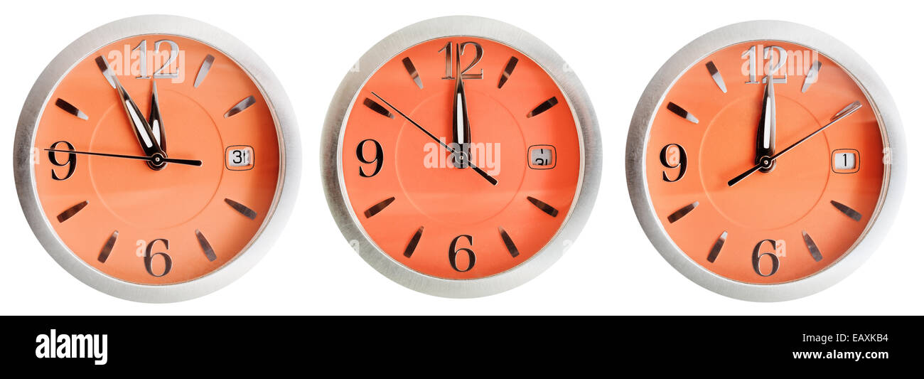 set of orange clock faces with midnight time isolated on white ...