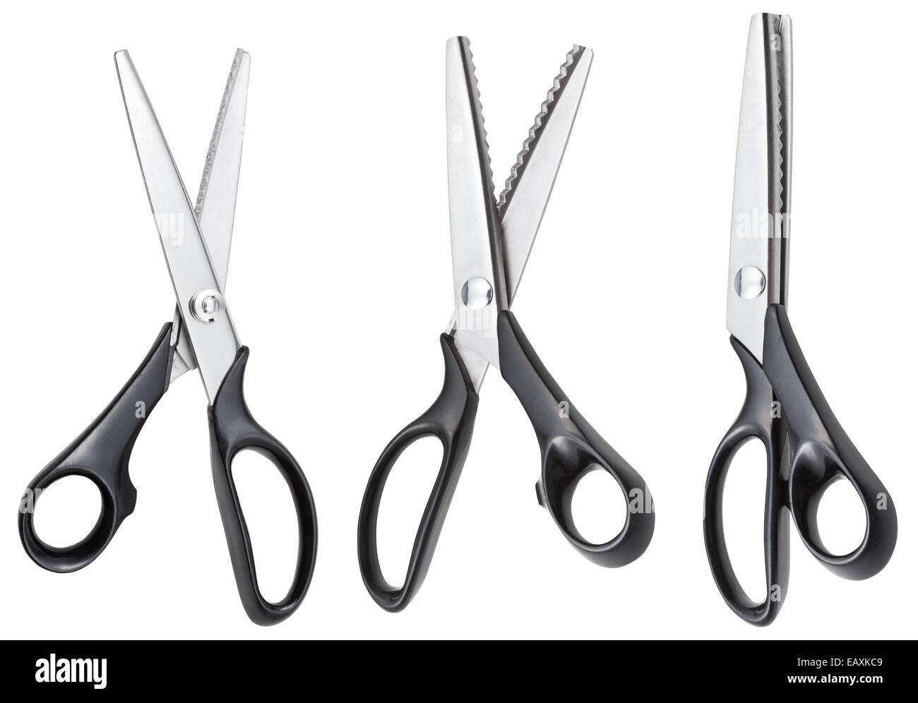 set of open modern pinking scissors with black handles isolated on ...