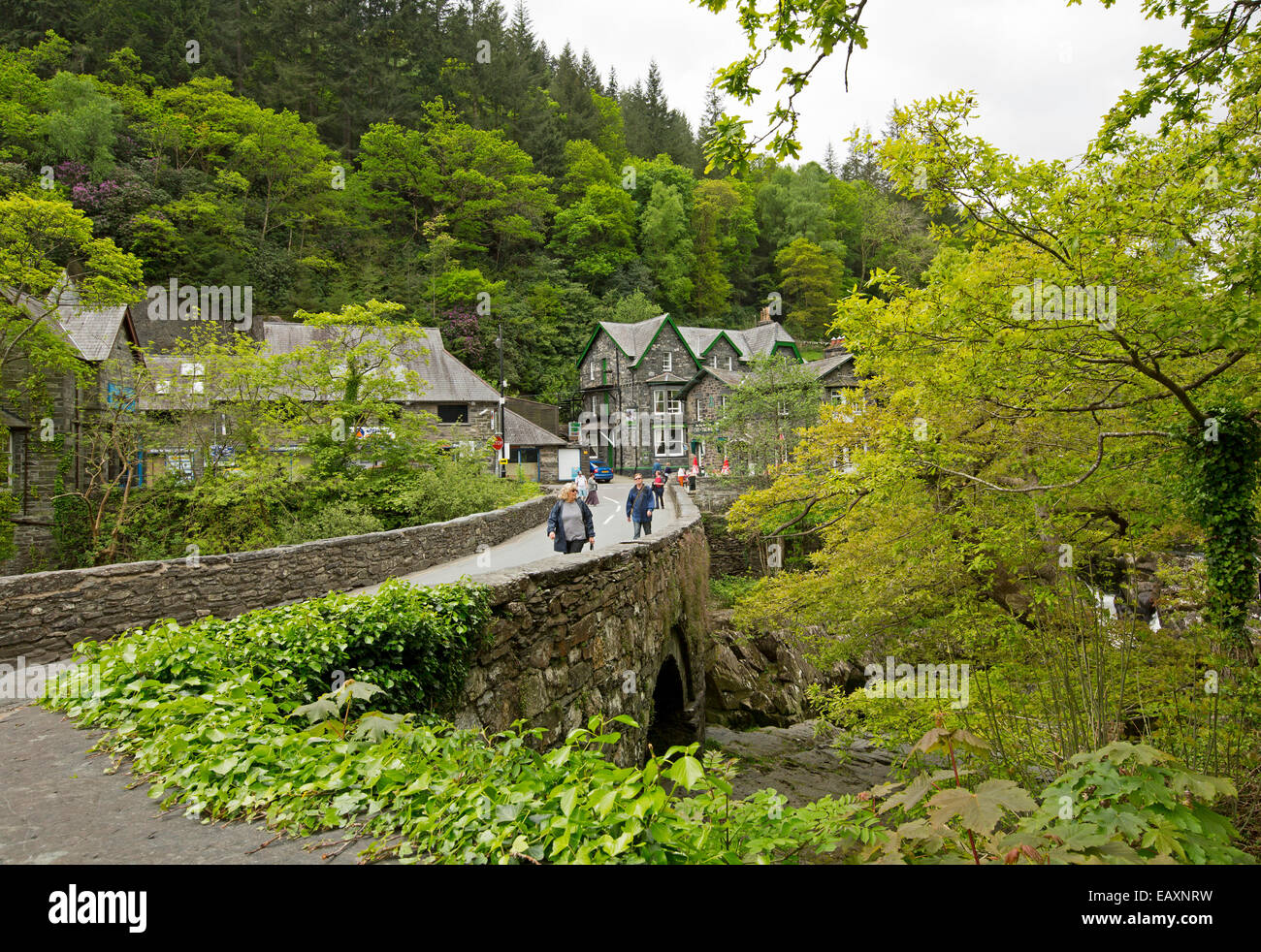 Road & Pont-y-Pair bridge over River Llugwy at Welsh village of Betws y ...