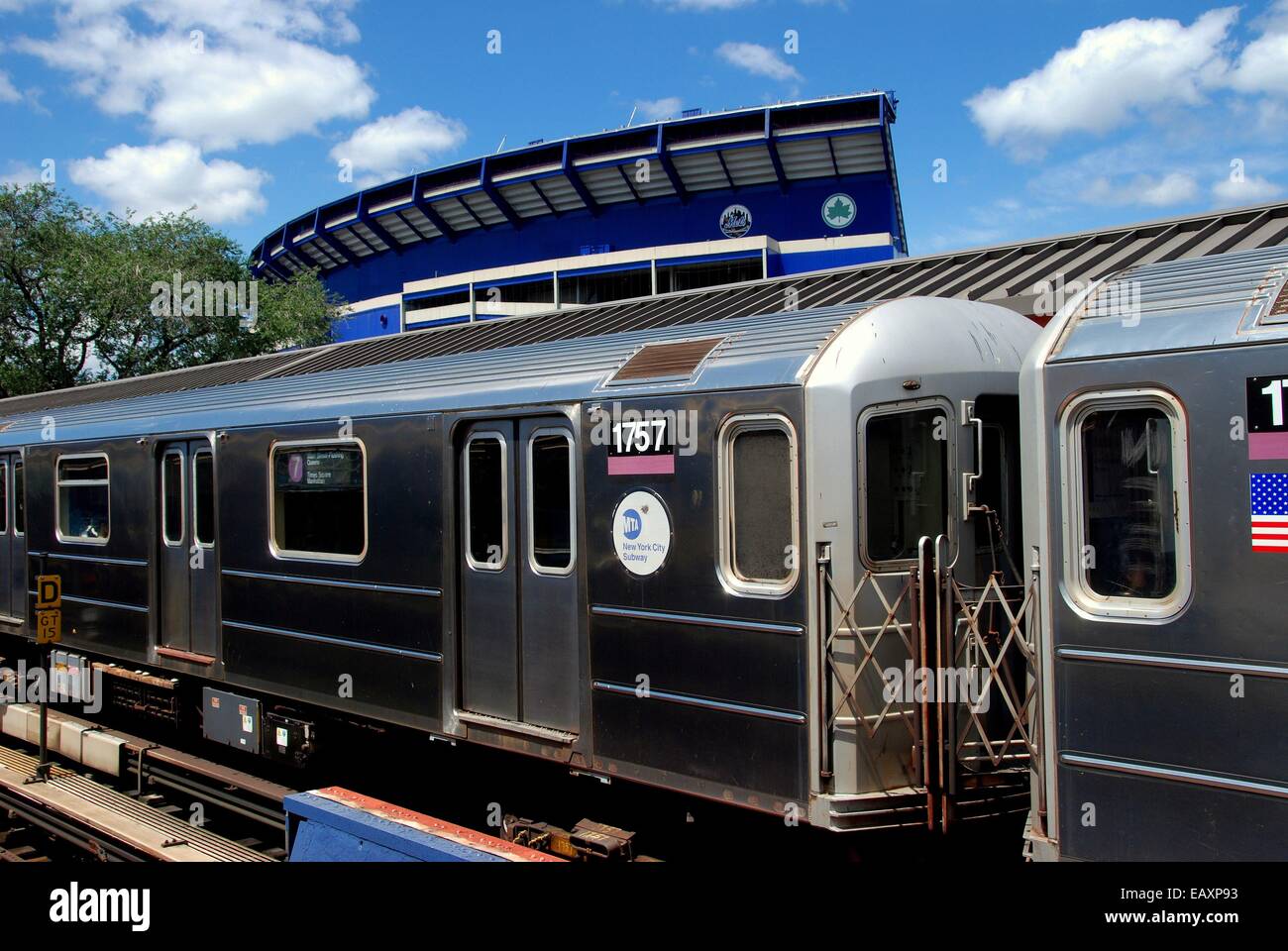 Queens, New York: #7 Flushing line subway train stopped at the Shea ...