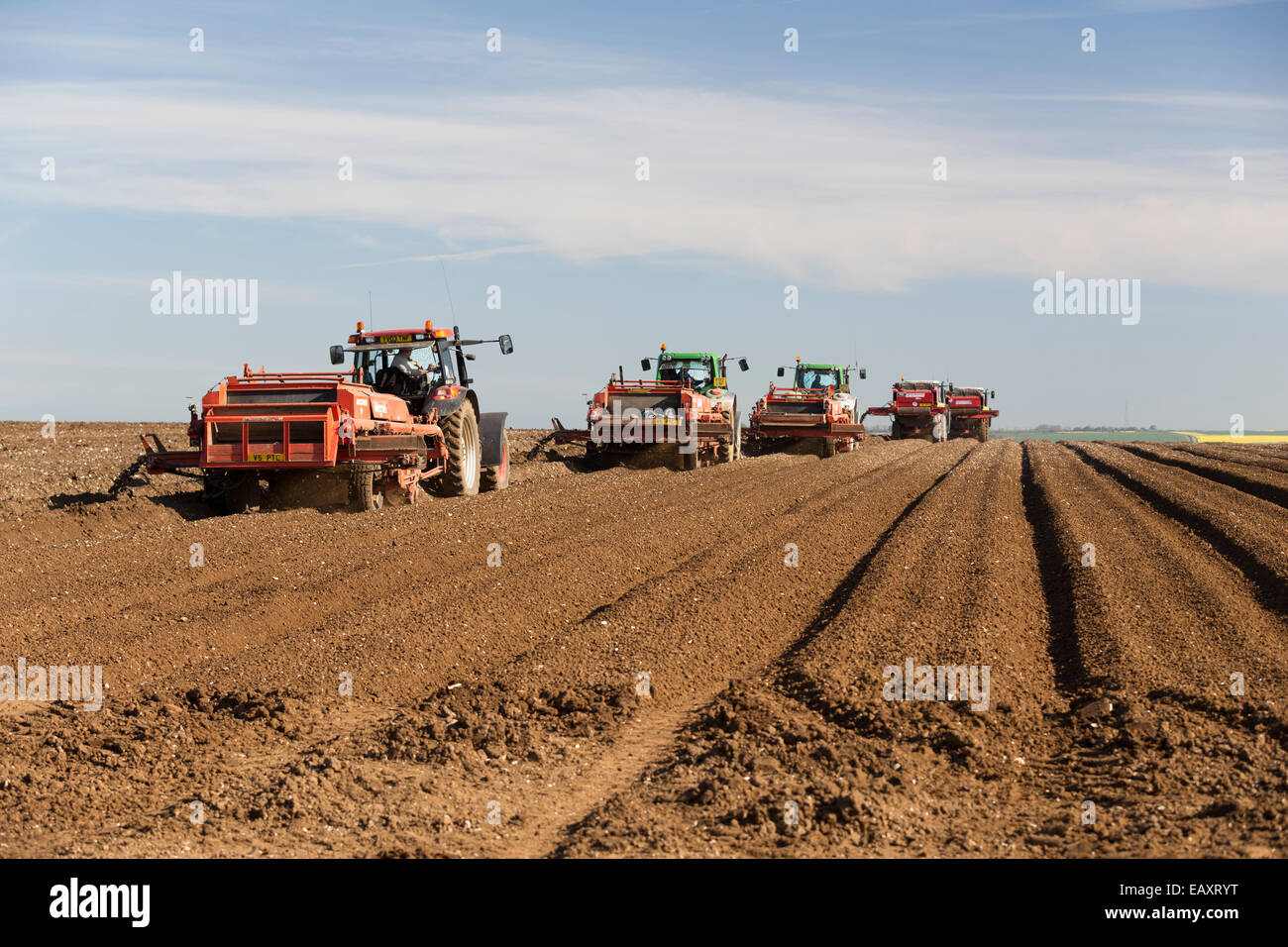 UK, Yorkshire, farm tractors refining the earth or ploughed trenches ...