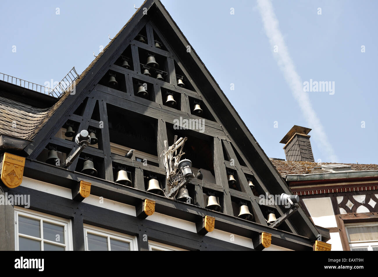 The gable of a half timbered building in Cochem, Germany, with carvings ...