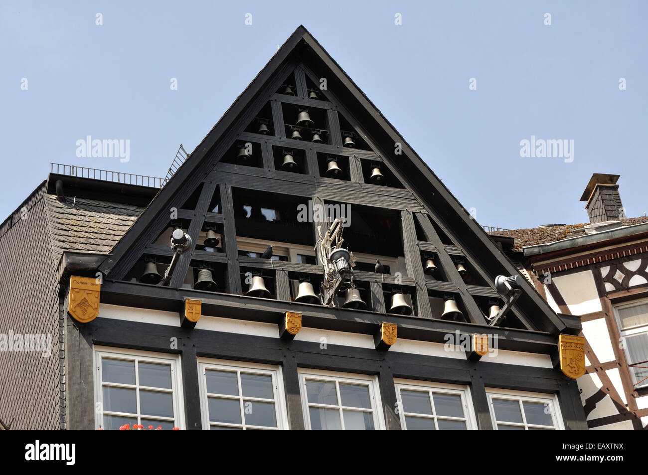 The gable of a half timbered building in Cochem, Germany, with carvings ...