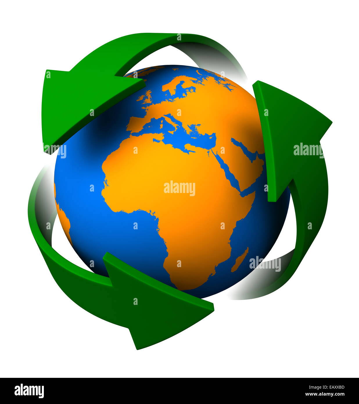 3d render of recycle symbol and abstract earth on white background ...