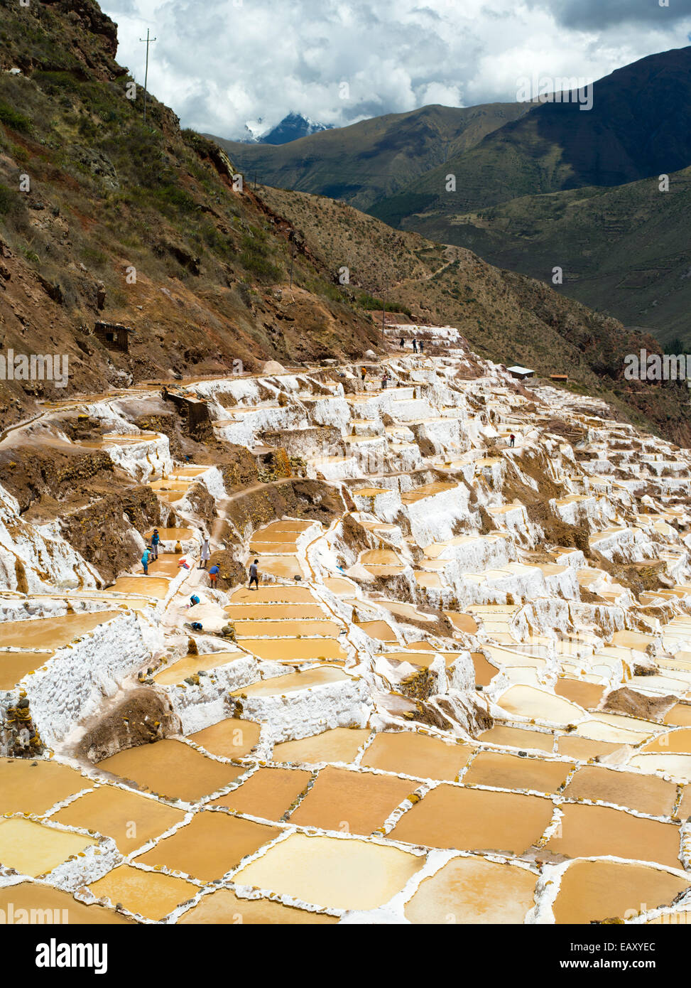 High-angle view of Salinas de Maras (Maras Saltworks), near Cusco, Peru ...