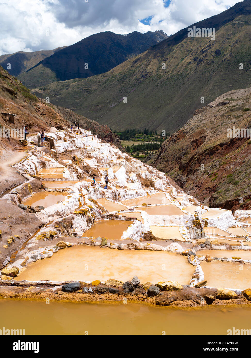 High-angle view of Salinas de Maras (Maras Saltworks), near Cusco, Peru ...