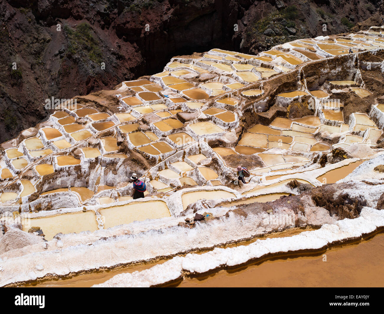 High-angle view of Salinas de Maras (Maras Saltworks), near Cusco, Peru ...