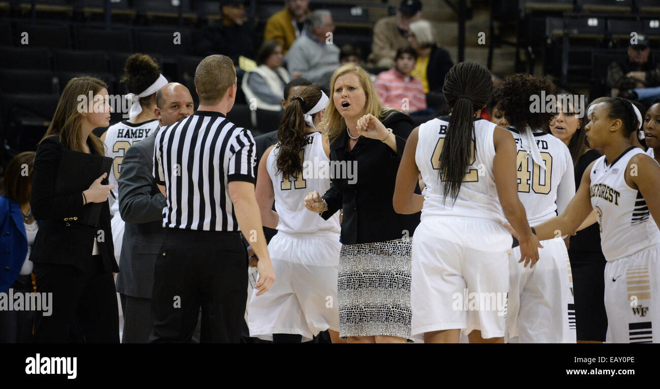 Winston-Salem, NC, USA. 21st Nov, 2014. Wake Forest Demon Deacons head coach Jen Hoover talks to ...