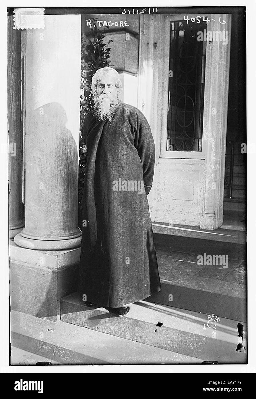 This image features a portrait of Rabindranath Tagore, a prominent ...