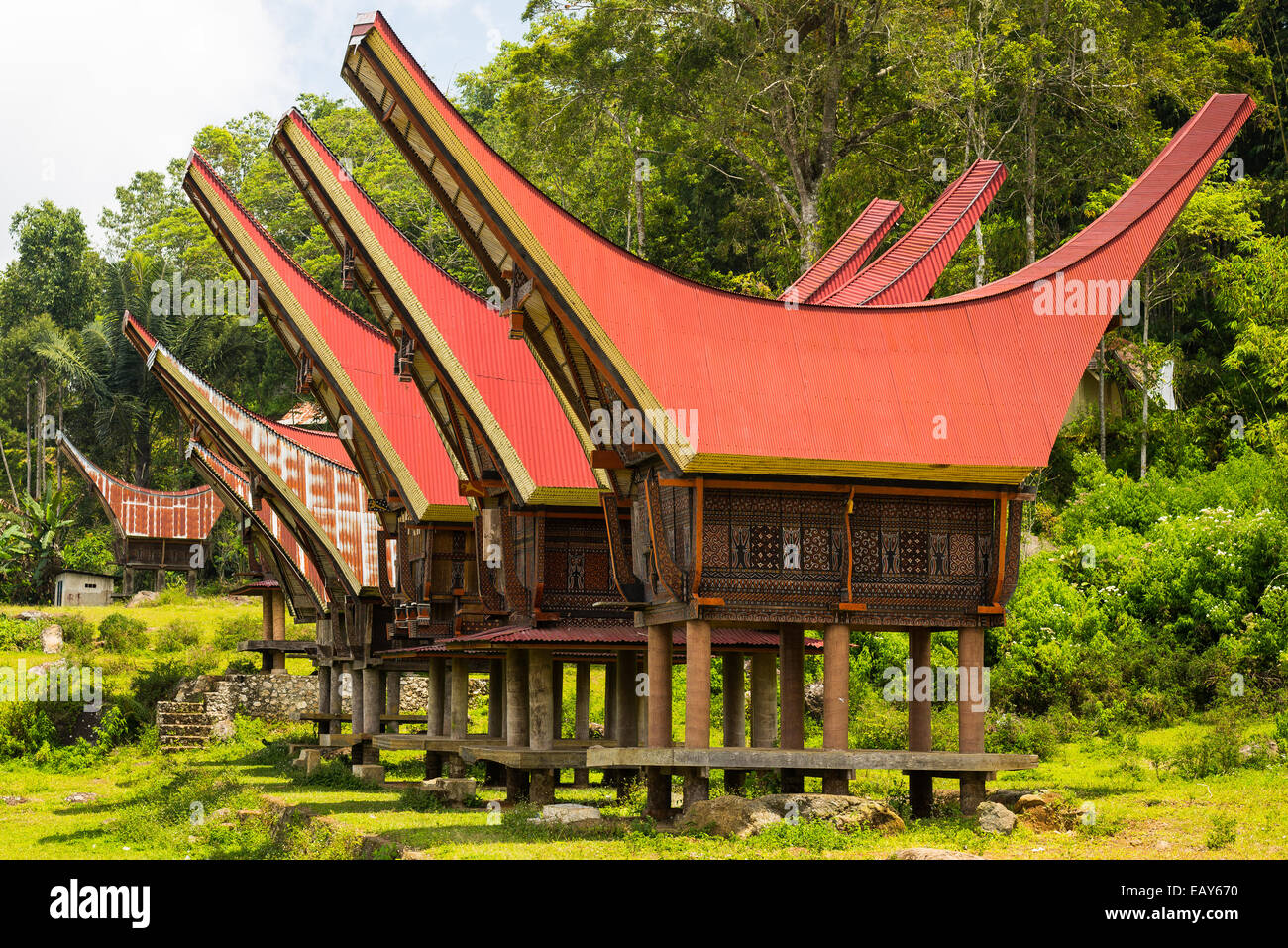 Traditional village of residential buildings with decorated facade and ...