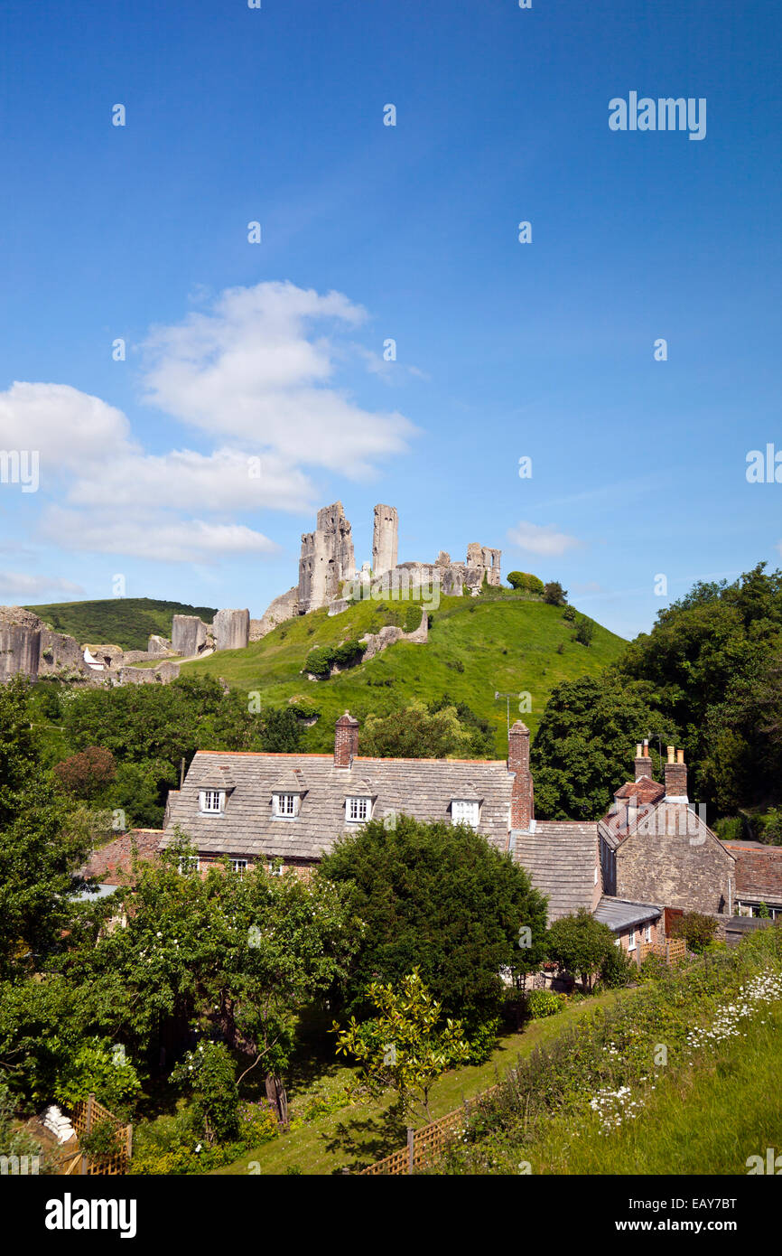 Corfe Castle ruins viewed from a passing train on the Swanage Railway ...