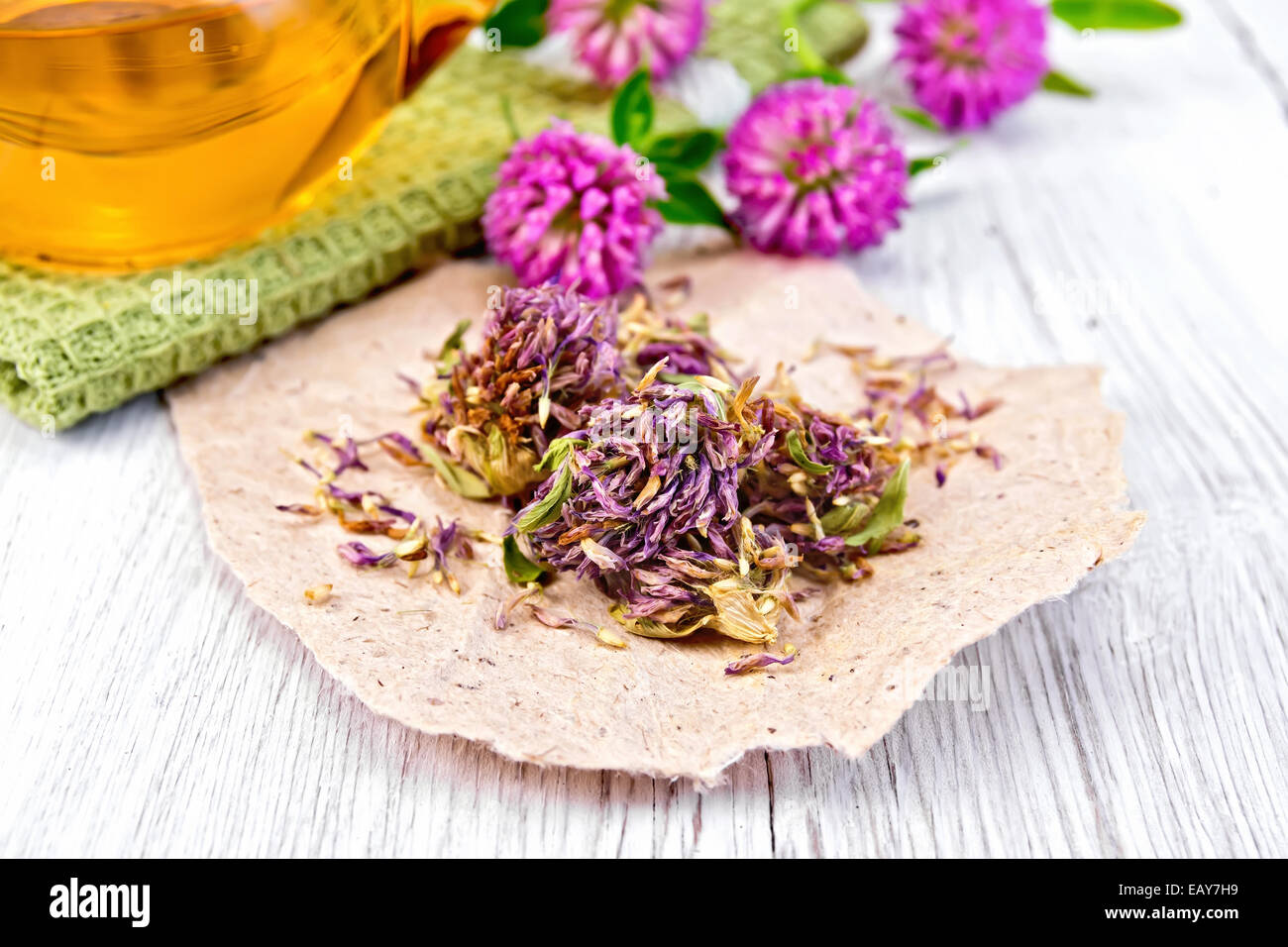 Clover dry on paper with teapot Stock Photo - Alamy